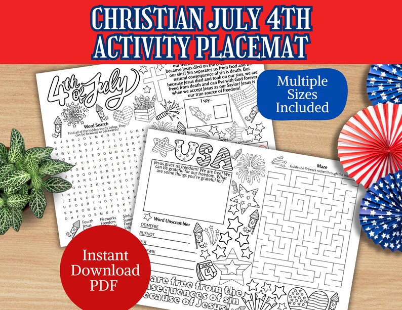 Christian 4th of July Activity Placemat Elementary School July Fourth ...