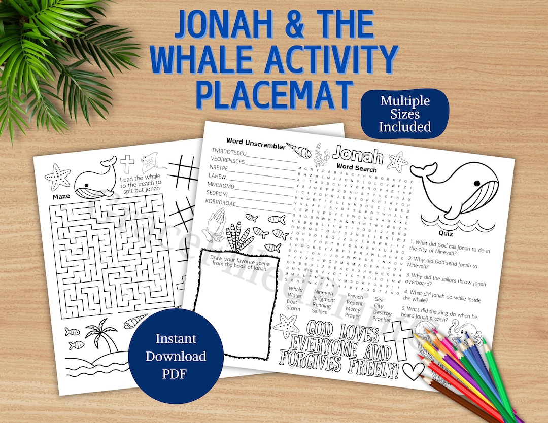 Jonah and the Whale Activity Placemat Christian Printable Activities ...