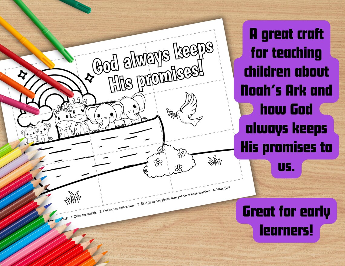 God's Promises Noah's Ark Printable Puzzle: Kids Christian Coloring ...