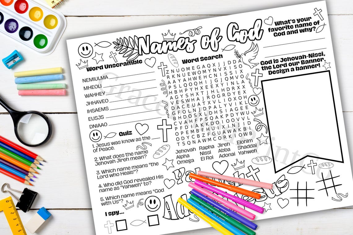 Names of God Activity Placemat: Bible Lesson Printable, Sunday School ...