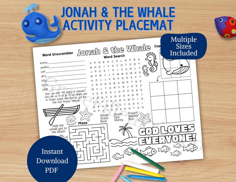 Jonah and the Whale Activity Placemat Christian Printable Activity Sheet for Kids Sunday School ...