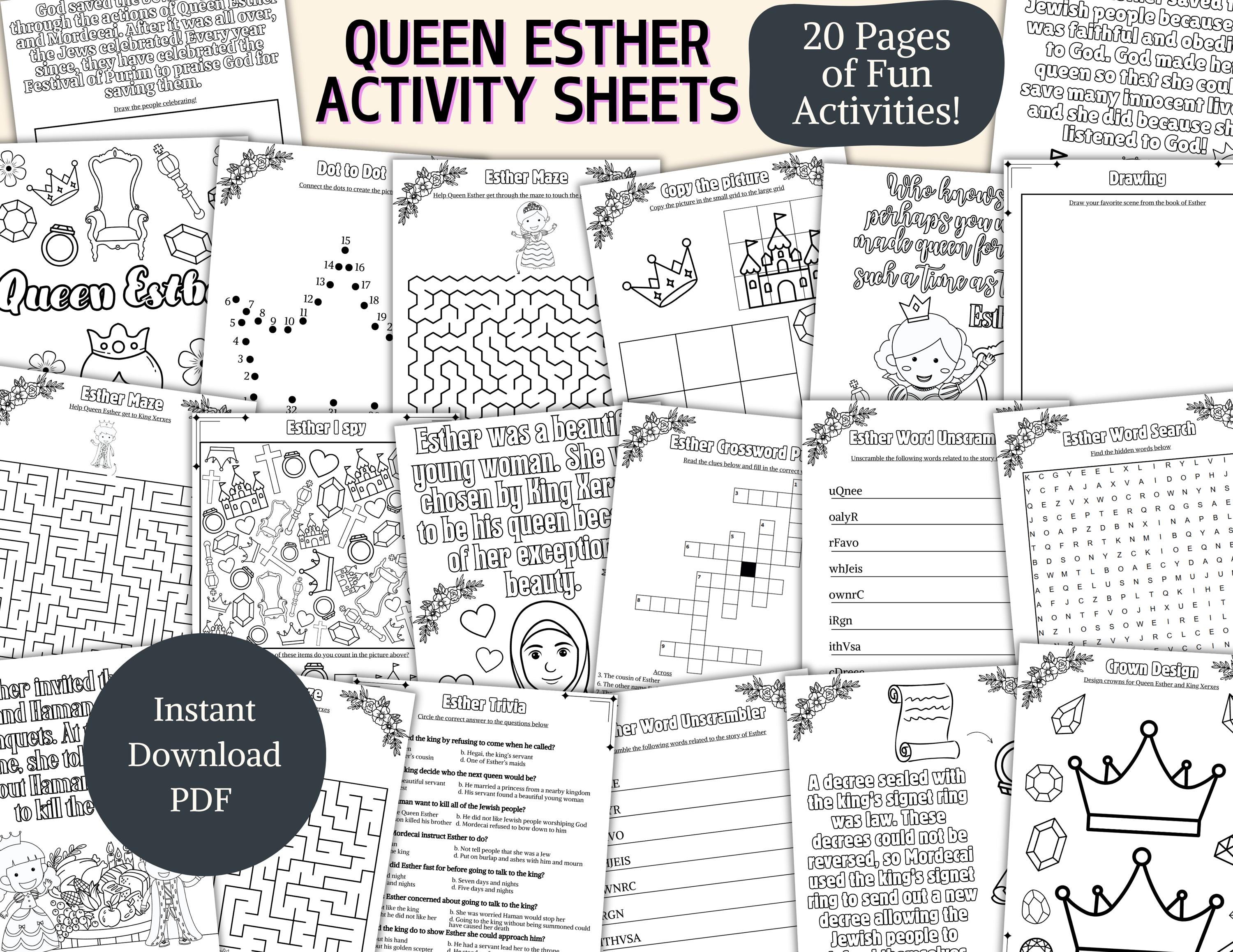 Queen Esther Activity Pages Set of 20 Christian Printable Activities ...