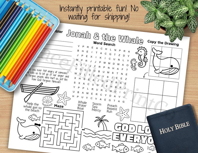 Jonah and the Whale Activity Placemat Christian Printable Activity ...