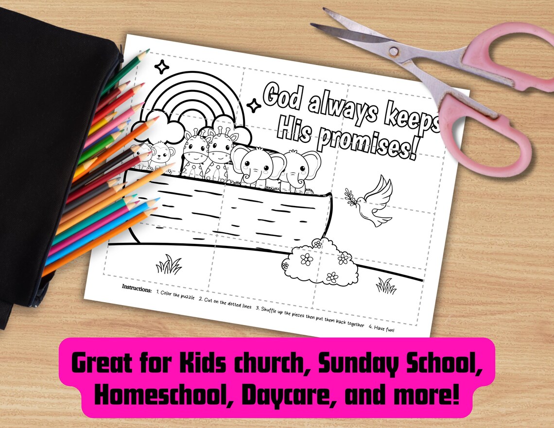 God's Promises Noah's Ark Printable Puzzle: Kids Christian Coloring ...