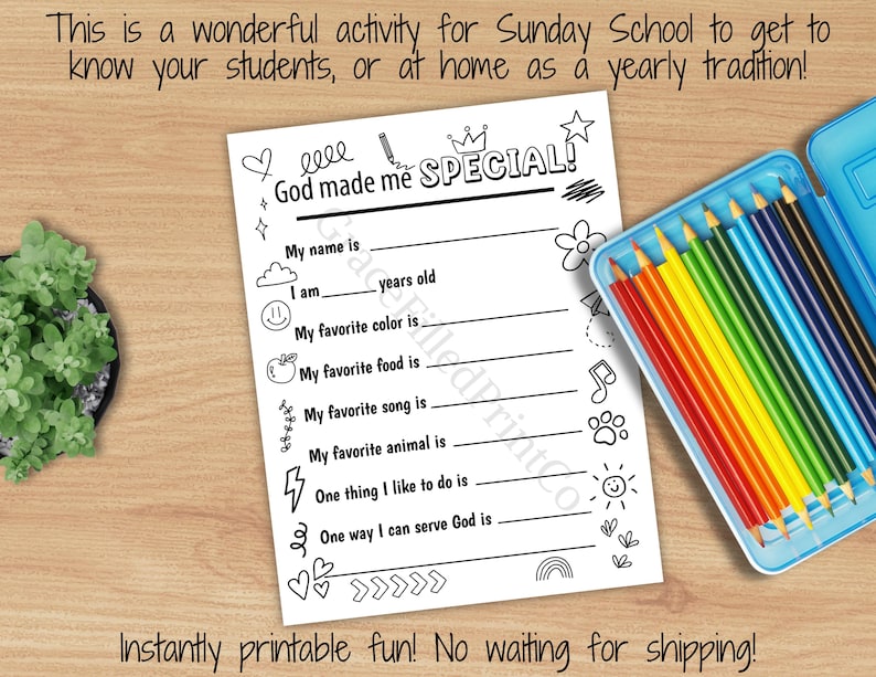 God Made Me Special Page Christian All About Me Sheet Biblical Craft ...