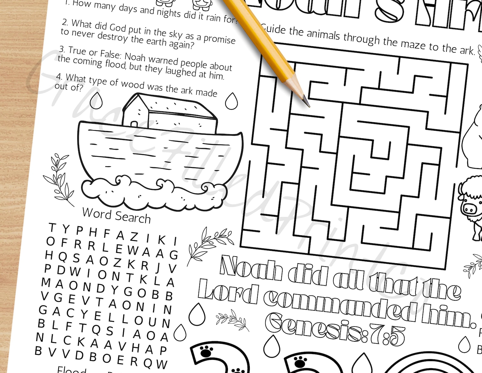 Noah's Ark Activity Placemat: Christian Bible Games, Bible-based ...