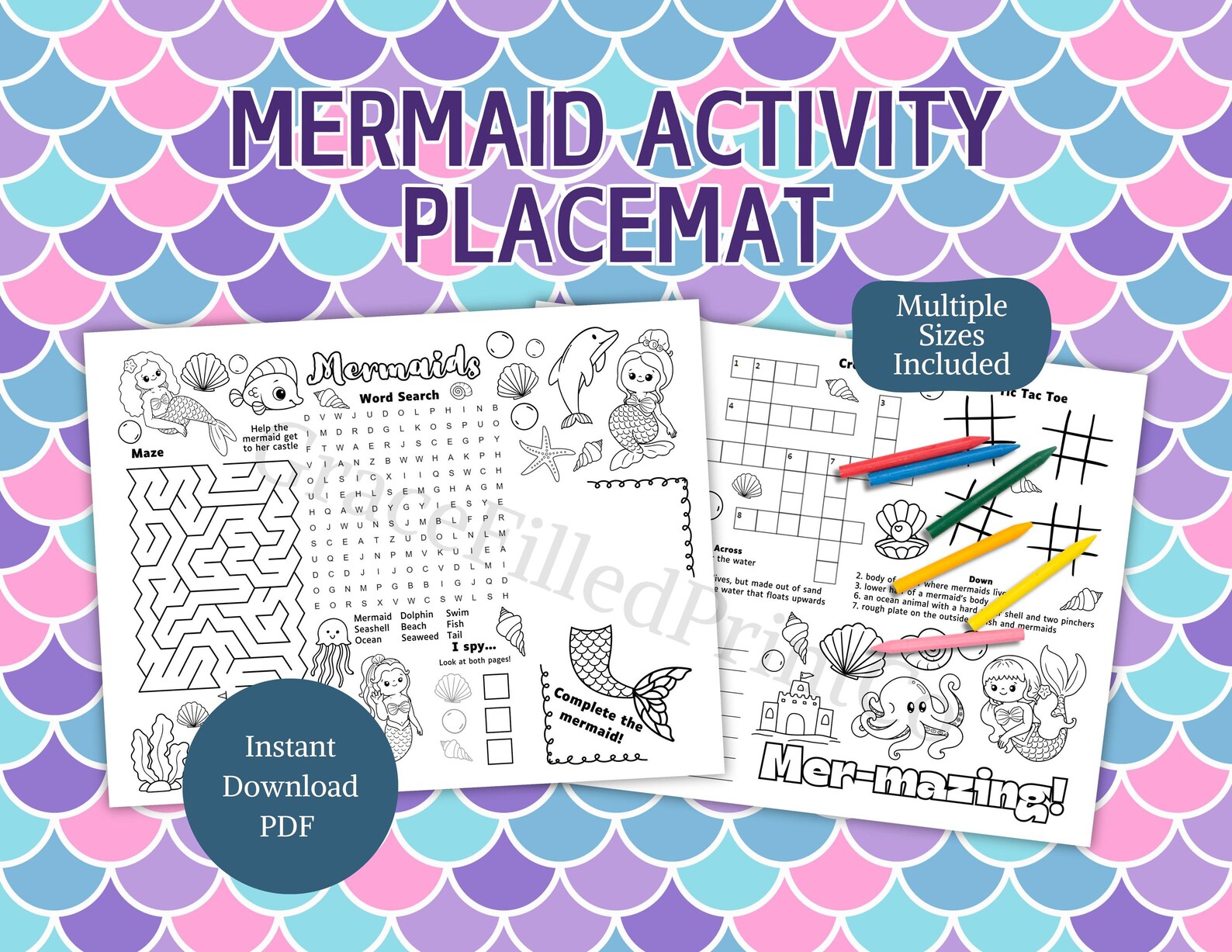 Mermaids Printable Activity Placemat for Kids and Preteens Mermaid ...