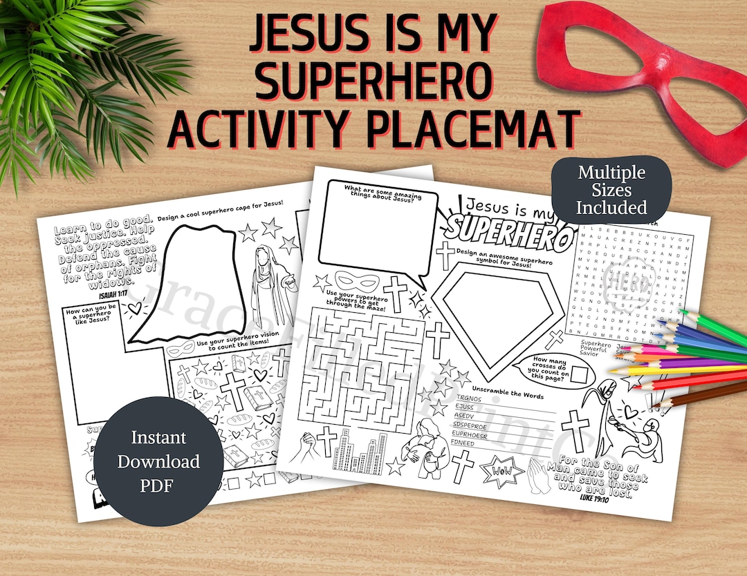 Jesus is My Superhero Activity Placemat for Kids and Teens Christian ...