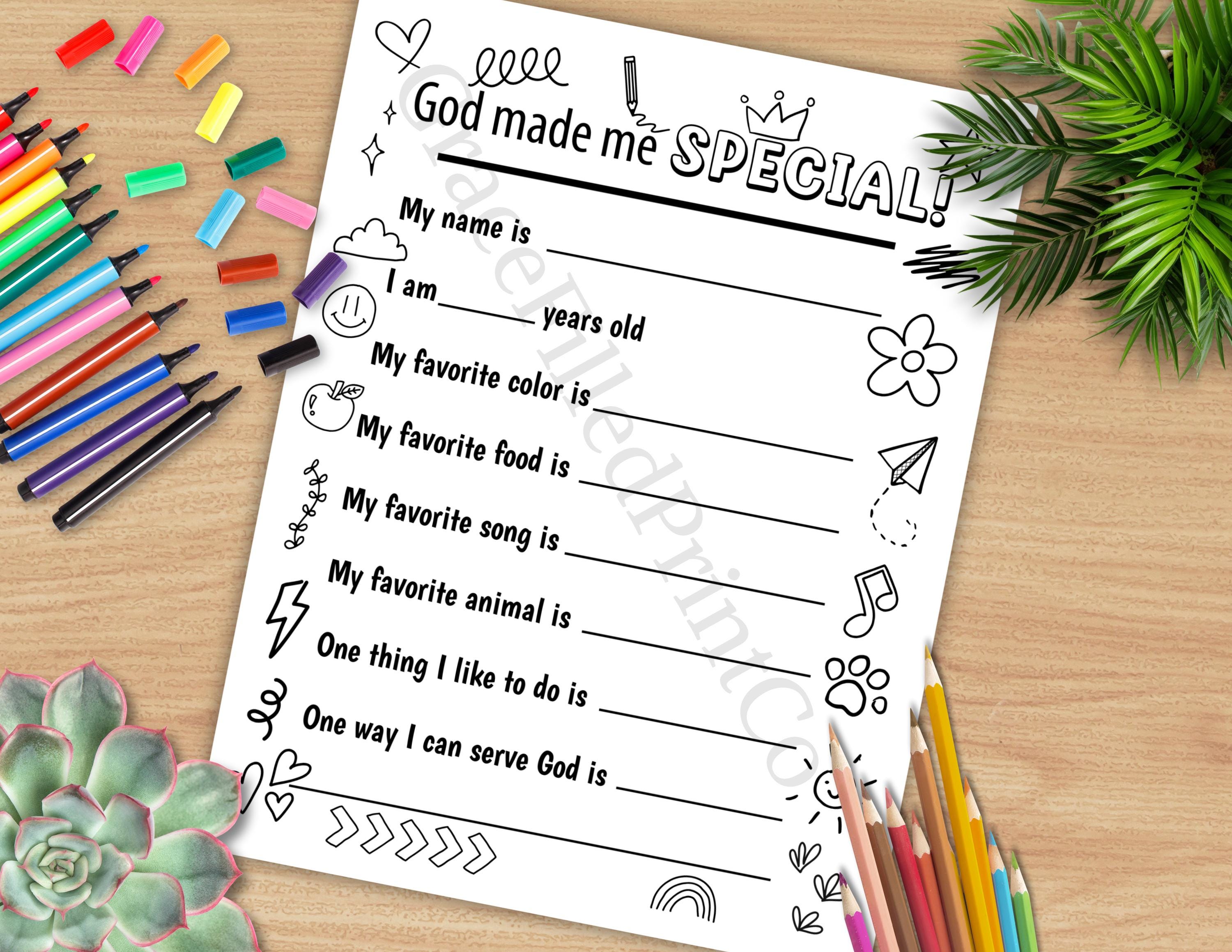 God Made Me Special Page Christian All About Me Sheet Biblical Craft ...