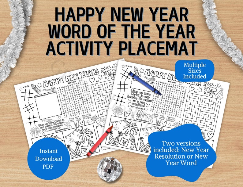Word of the Year New Year Printable Activity Placemat Happy New Year ...