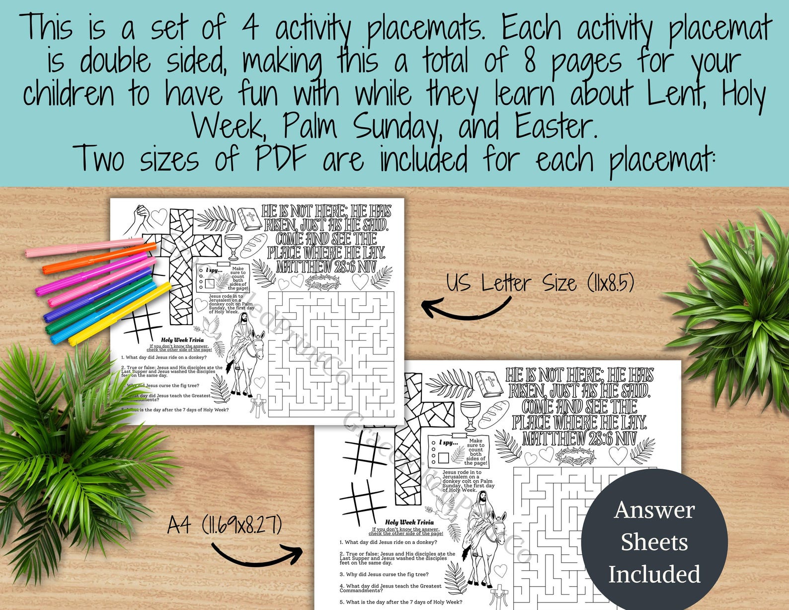Set of 4 Printable Activity Placemats - Easter, Palm Sunday, Holy Week ...