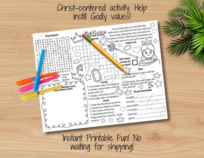 Queen Esther Bible Activity Sheet: Sunday School Placemat, Kids Church ...