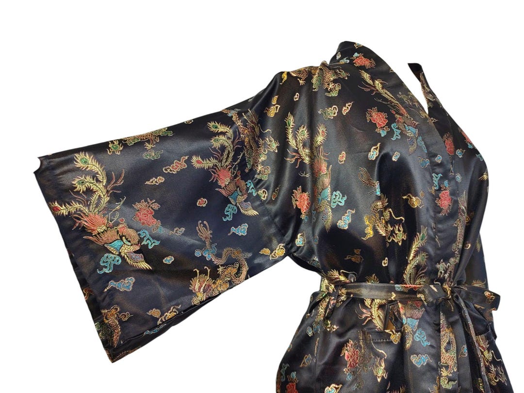 Vintage Embroidered Dragon Dressing Gown , Black Asian Robe Kimono Lg ...