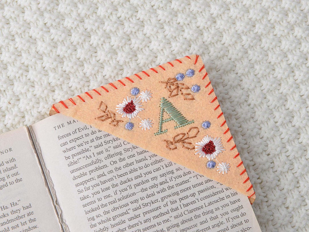 Hand Embroidered Corner Bookmarks, Felt Triangle Page Stitched Corner ...