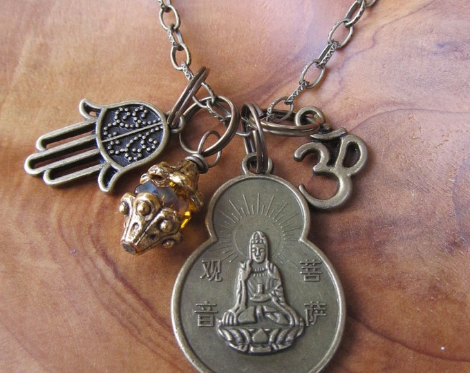 Buddha Quan-yin Coin Charm Necklace- Goddess of Compassion With Om ...