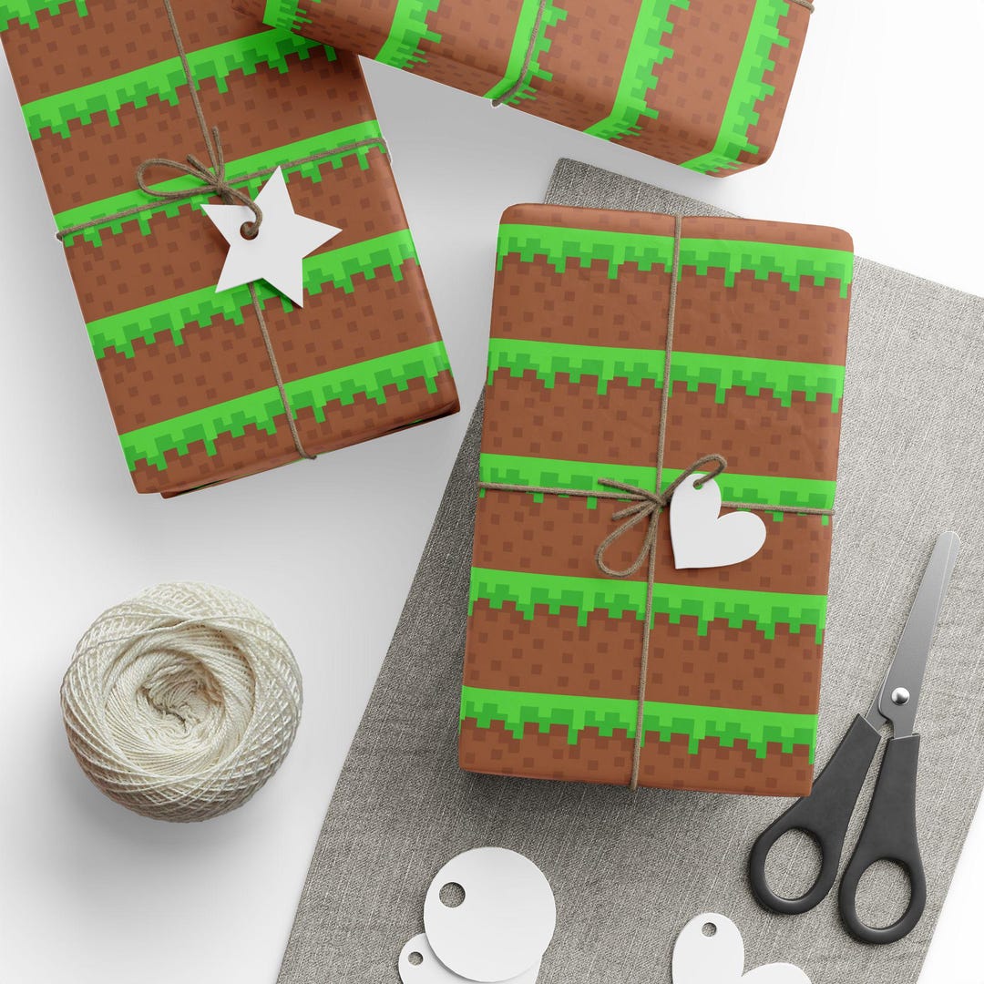 Minecraft Christmas Gift Wrapping Paper Brown and Green, Dirt and Grass ...