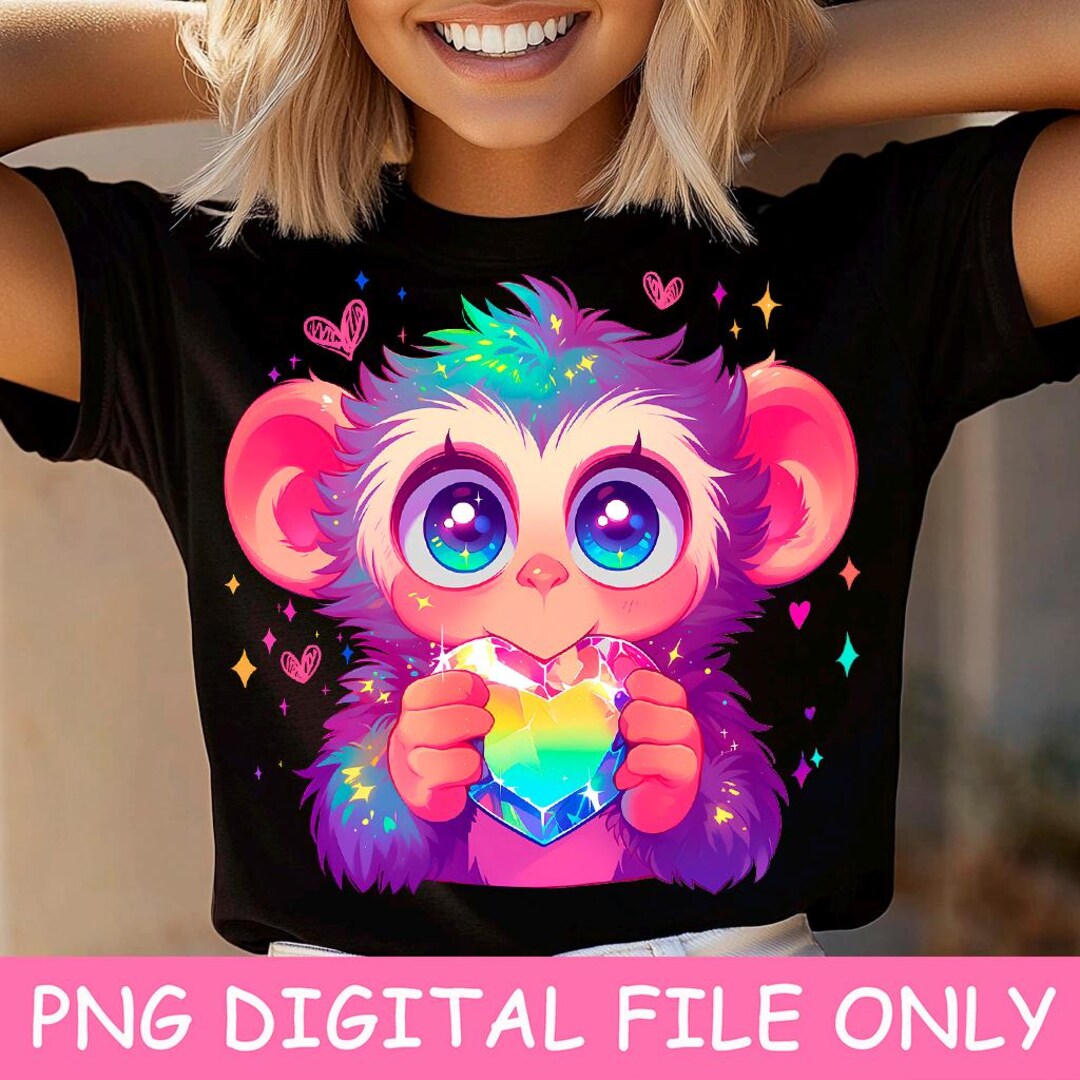 Kawaii Monkey With Heart PNG, Sparkle Monkey PNG Design, Diamond Heart ...