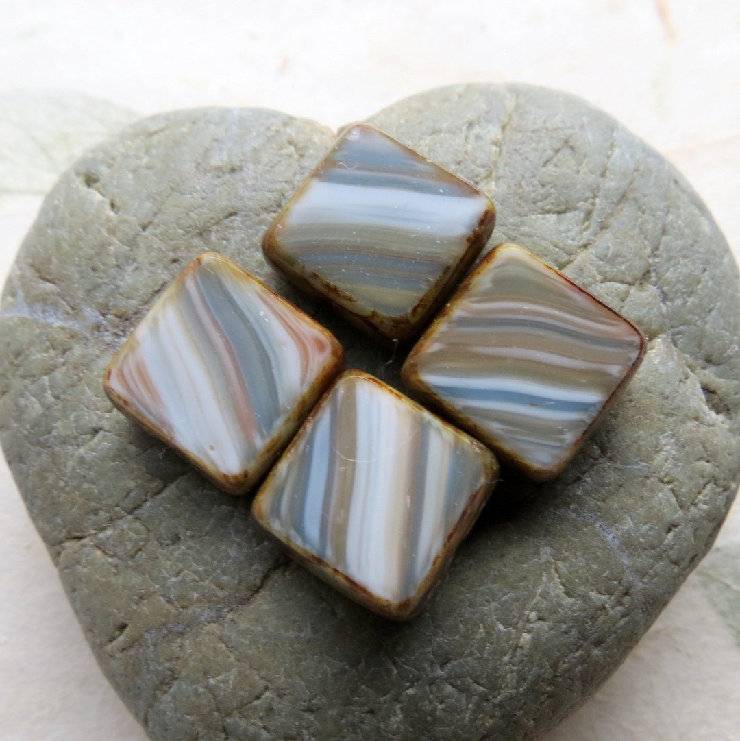 STRIPED SAGE SQUARES . 8 Czech Table Cut & Polished Picasso Beads (11 ...