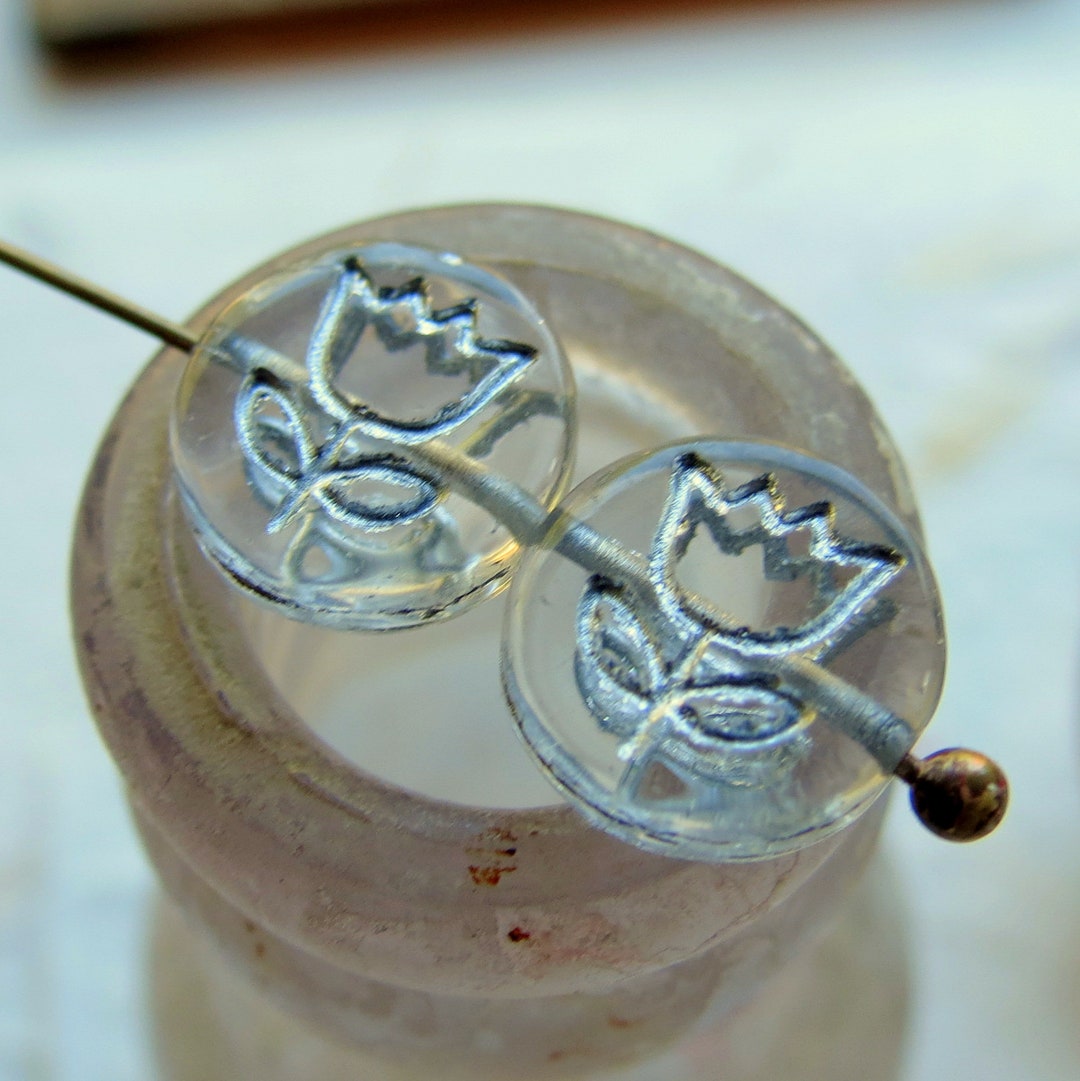 SILVER TULIP COINS . 10 Czech Metallic Glass Coin Beads . 11 Mm Beads ...