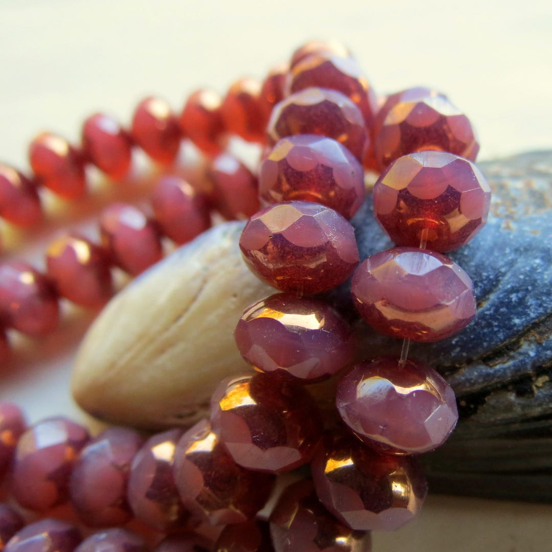 ROSE OPALITE RONDELLES . Czech Bronzed Faceted Glass Beads . 8 Mm . 10 ...
