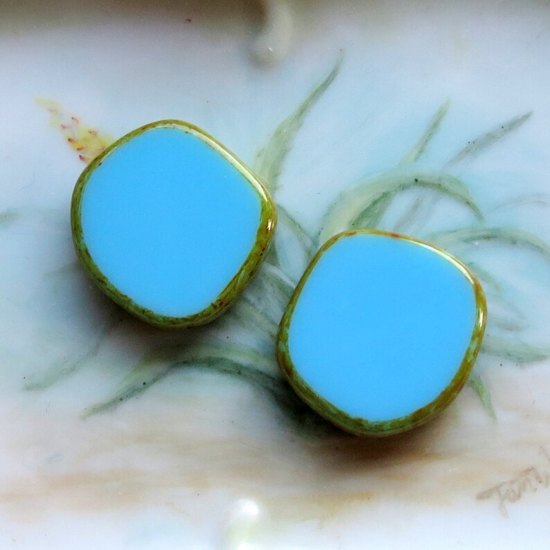 LARGE BLUE SLABS . 2 Czech Picasso Glass Coin Beads . 22 Mm . Supplies ...