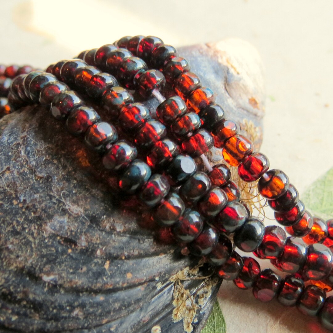 New DARK RUBY TRICUTS . 150 Czech Picasso Seed Beads . Size 6/0 . Czech ...