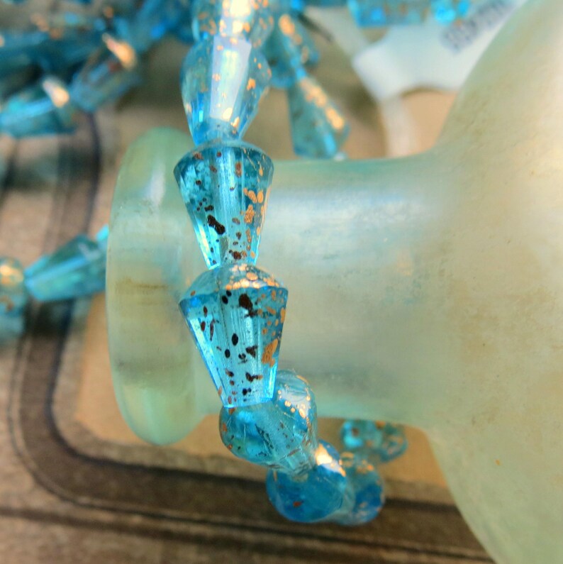 GOLDEN AQUA CONES . 8 Czech Metallic Glass Beads . 6 Mm by 8 Mm ...