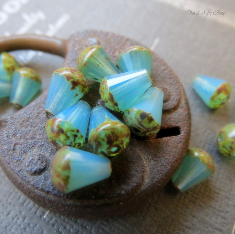 SILKY AQUA CONES . 10 Czech Picasso Glass Beads . 6 Mm by 8 Mm ...