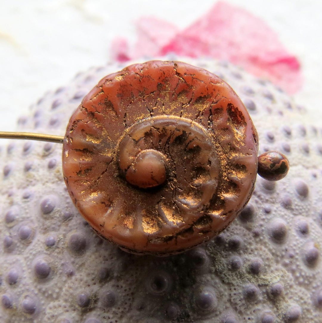 BRONZED PINK FOSSILS . 4 Czech Picasso Glass Beads . 18 Mm . Supplies ...