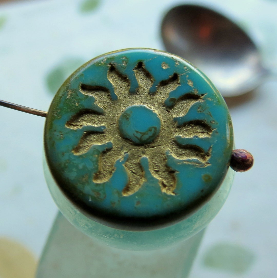 New Golden TURQUOISE SUN COINS . 1 Czech Picasso Glass Focal Bead . 22 ...