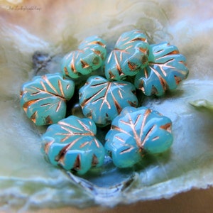 COPPERY BLUE LEAVES . 8 Czech Metallic Glass Leaf Beads . 10 Mm ...
