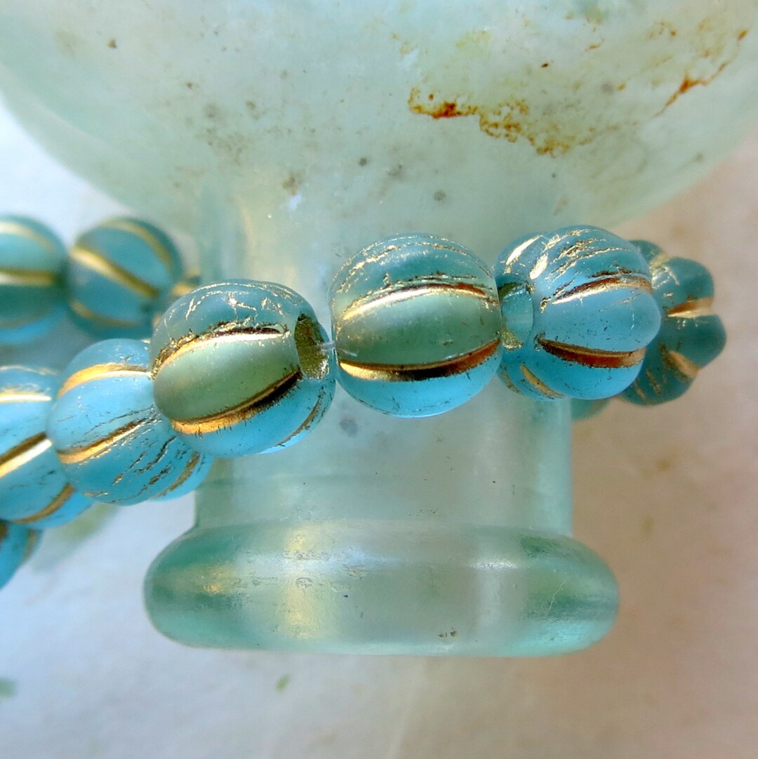 GOLDEN BLUE MELONS . 10 Czech Large Hole Glass Beads . 8 Mm . Supplies ...
