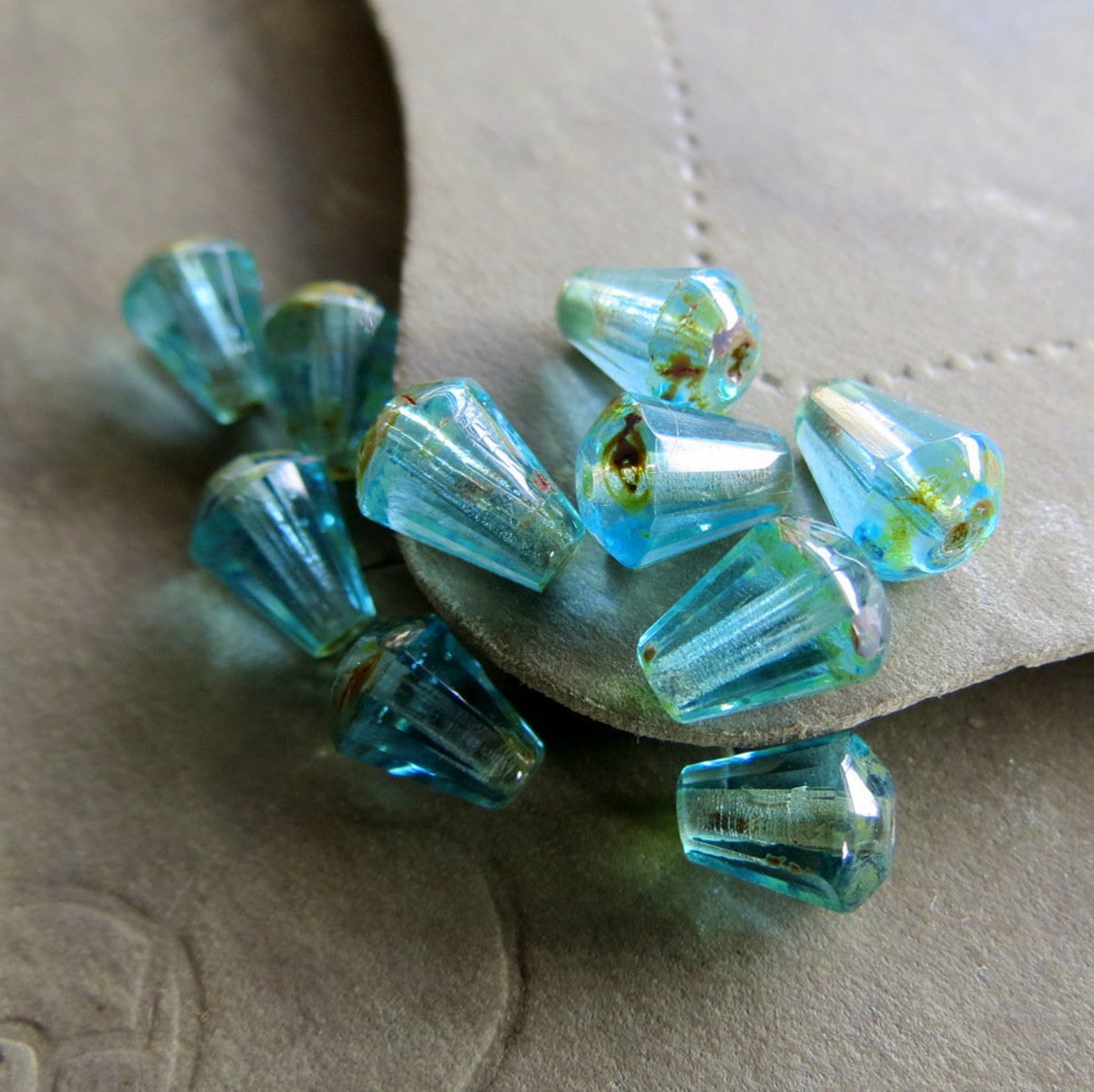 AQUA CONE BEADS . 10 Czech Picasso Glass Beads . 6 Mm by 8 Mm ...