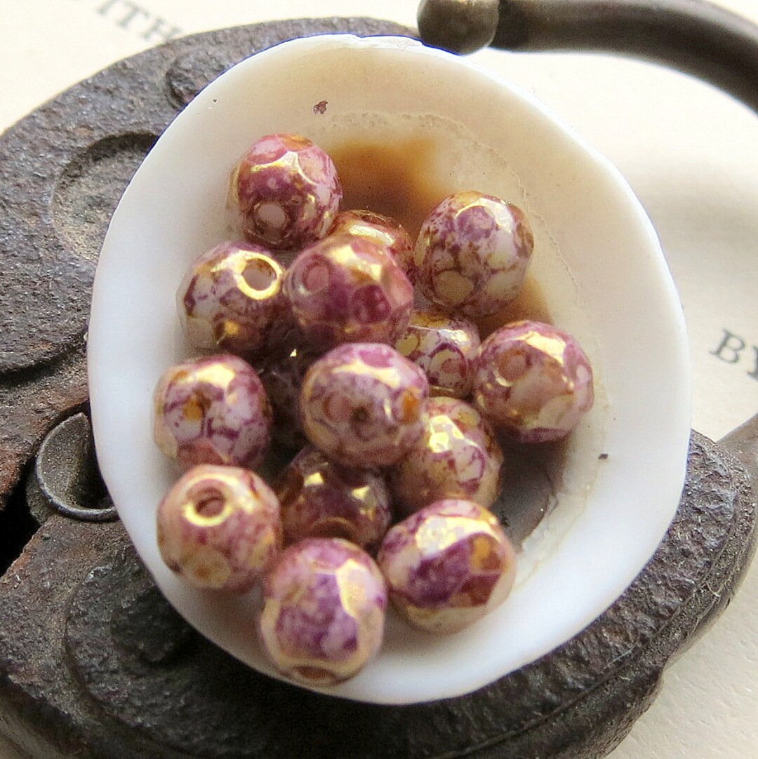 GOLDEN LUSTER PINKS . 50 Czech Fire Polished Picasso Glass Beads . 4 Mm ...