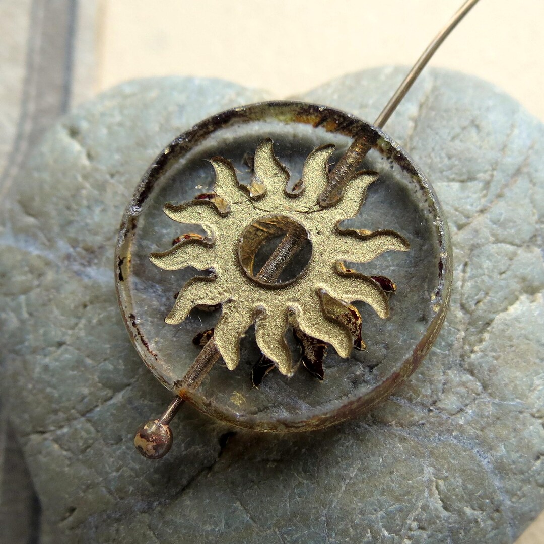 GOLDEN SUN COINS . 1 Czech Metallic Glass Coin Beads . 22 Mm . Supplies ...