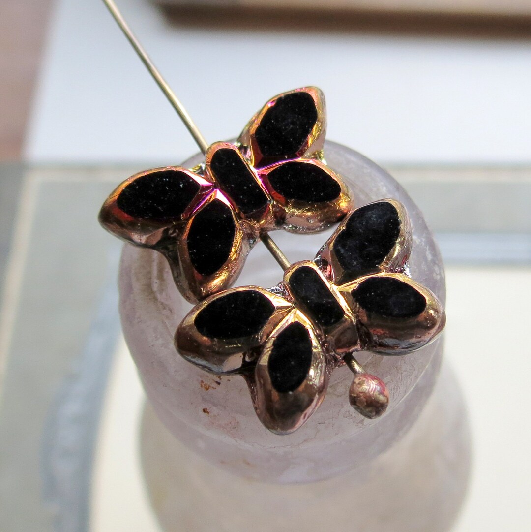 METALLIC JET BUTTERFLIES . 2 Czech Table Cut Butterfly Beads . 20 Mm ...
