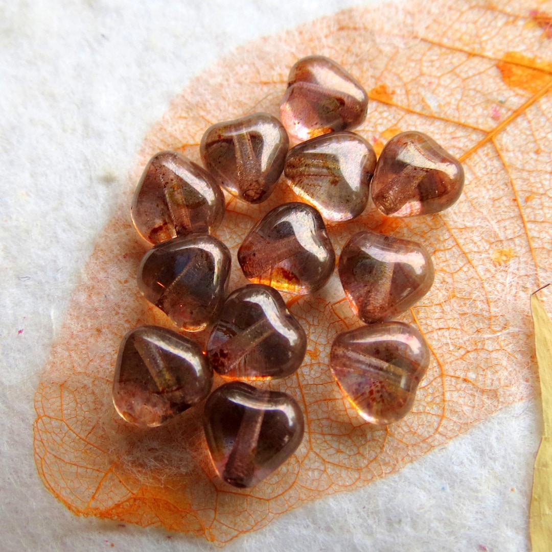 ROSEY BROWN HEARTS . 25 Czech Lumi Picasso Glass Heart Beads . 6 Mm ...