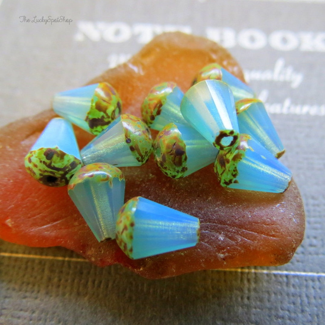 SILKY AQUA CONES . 10 Czech Picasso Glass Beads . 6 Mm by 8 Mm ...