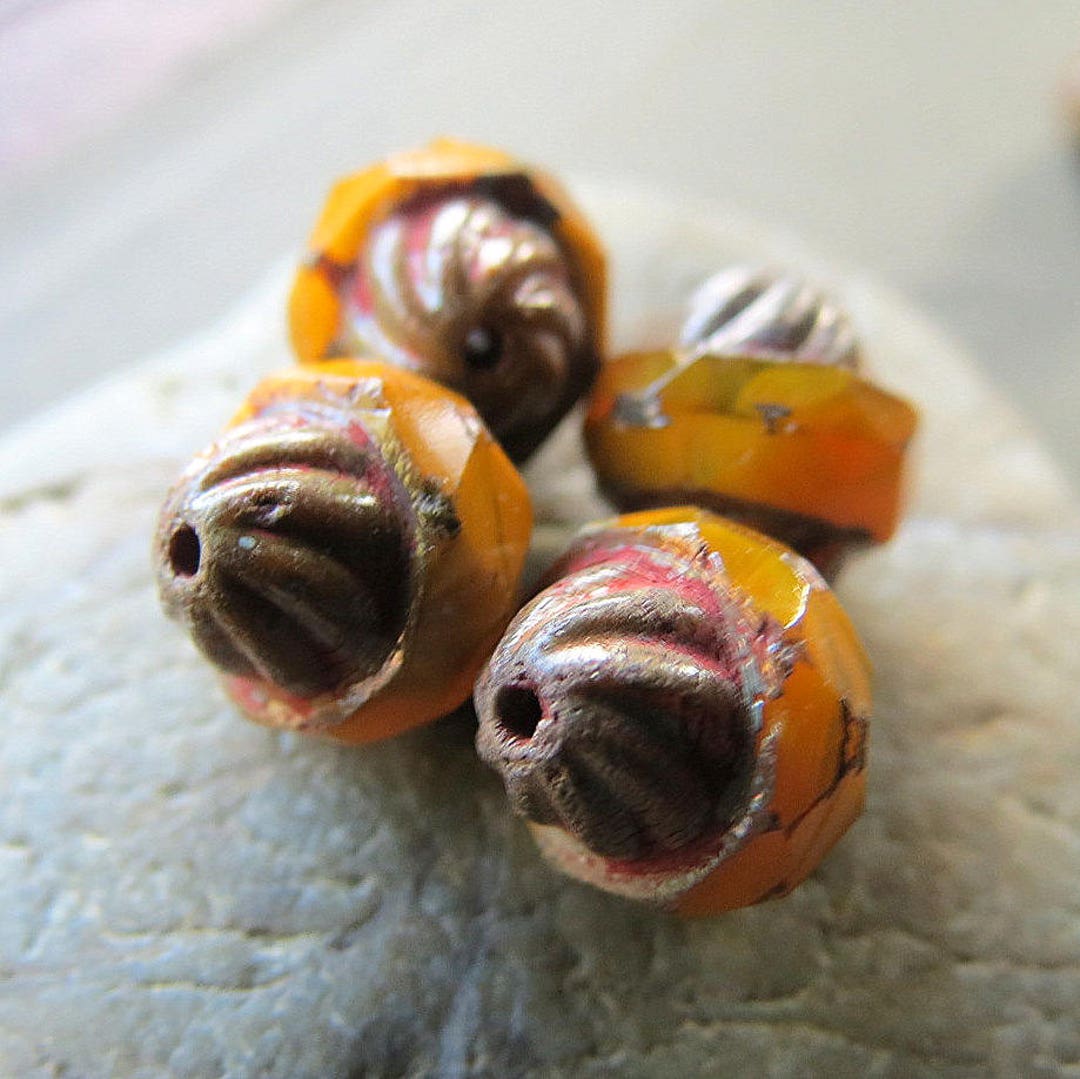EARTHY ORANGE TURBINES . 8 Czech Picasso Glass Beads . 10 Mm by 11 Mm ...