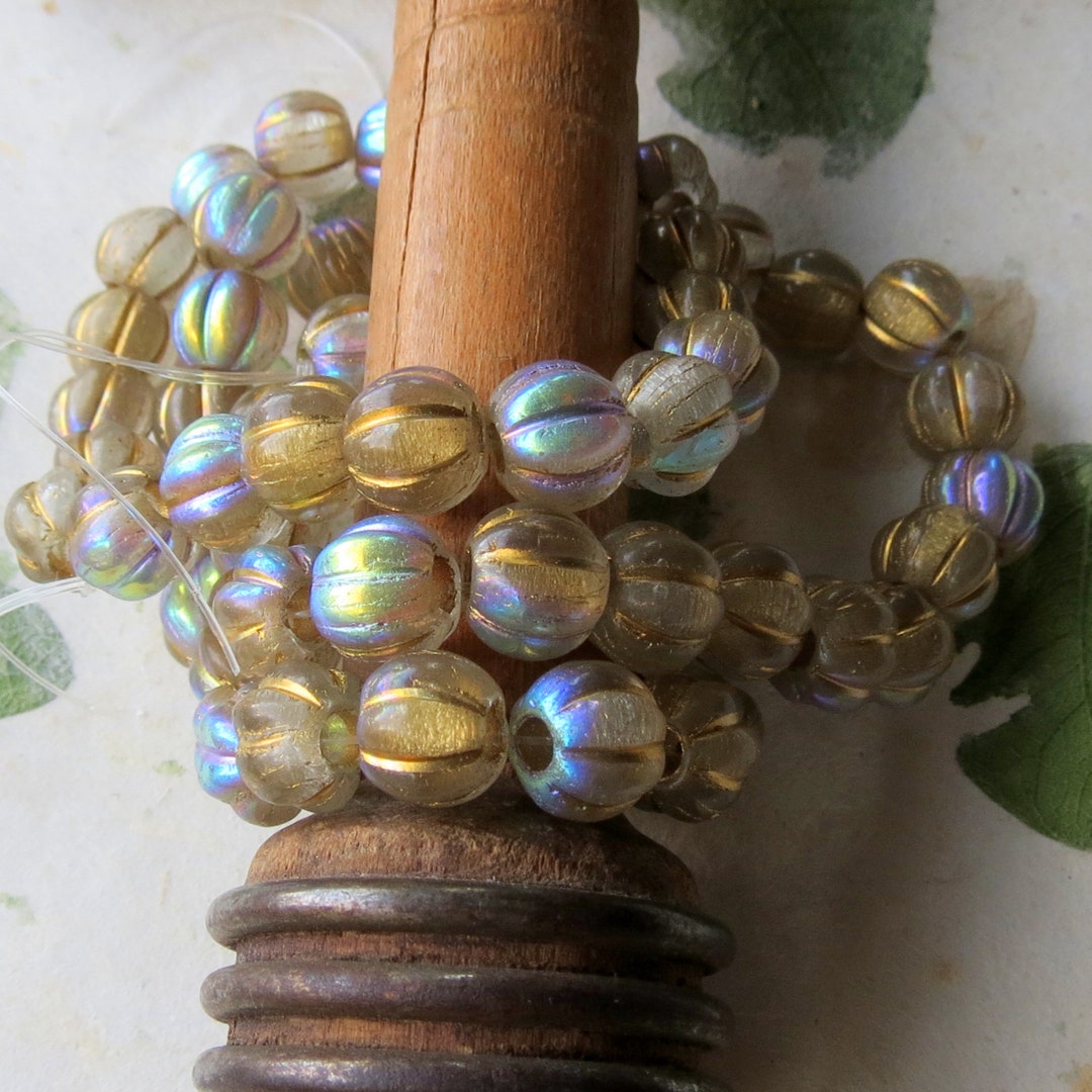 GOLDEN SILVER MELONS . 20 Czech Large Hole Glass Beads . 8 Mm ...