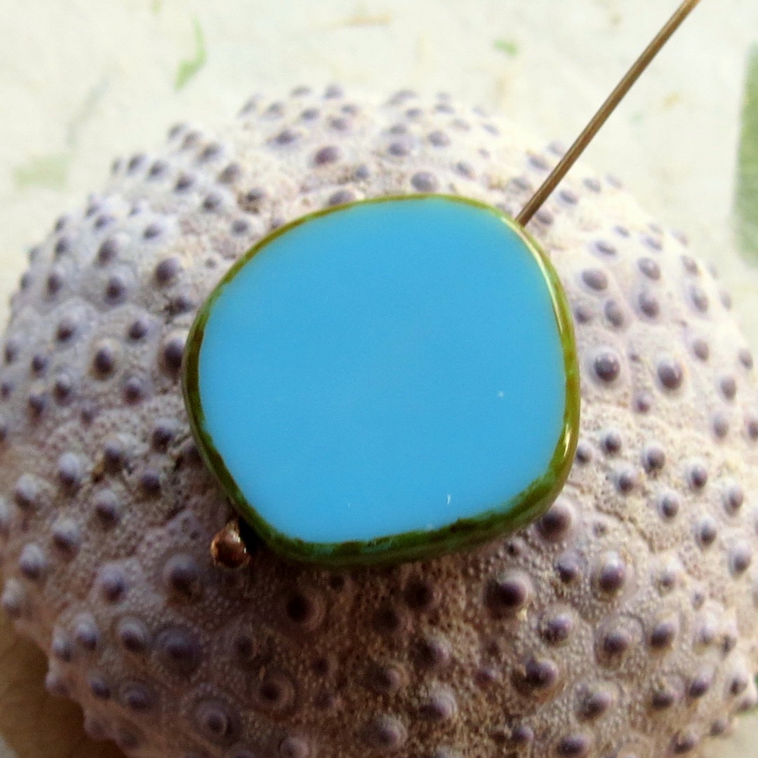 LARGE BLUE SLABS . 2 Czech Picasso Glass Coin Beads . 22 Mm . Supplies ...