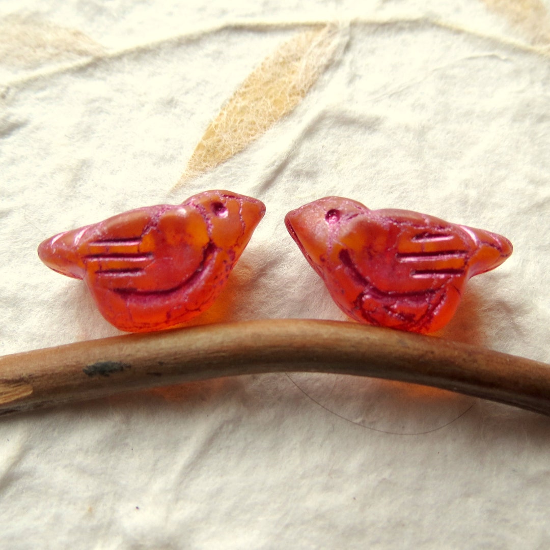 FUSCHIA CHUBBY BIRDZ . 2 Czech Metallic Matte Glass Beads . 22 Mm by 11 ...