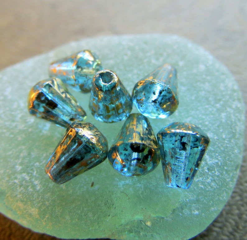 GOLDEN AQUA CONES . 8 Czech Metallic Glass Beads . 6 Mm by 8 Mm ...