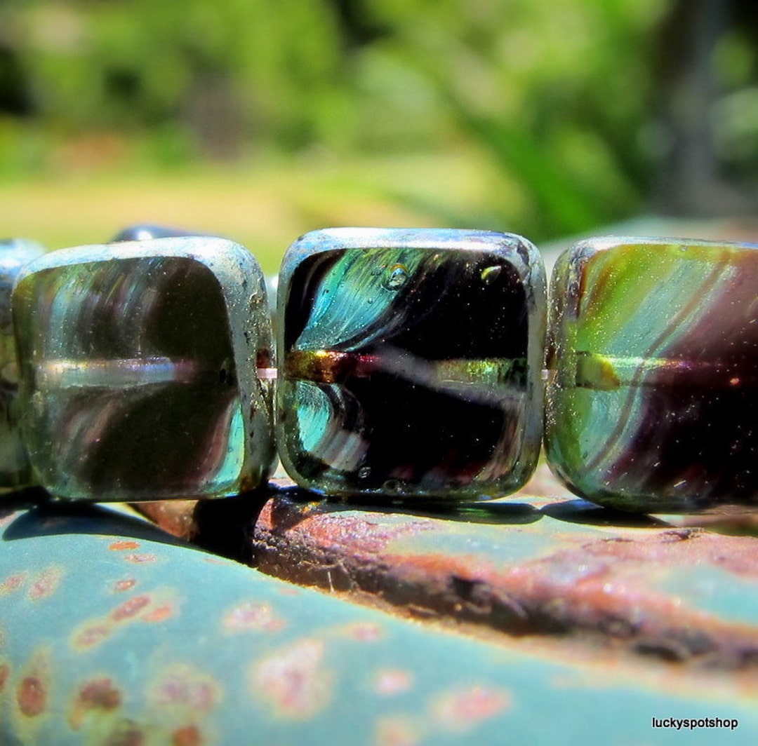 15 SWIRLED PURPLE SQUARES, Czech Picasso Glass Beads . Supplies for ...