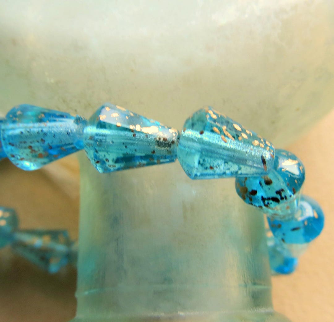 GOLDEN AQUA CONES . 8 Czech Metallic Glass Beads . 6 Mm by 8 Mm ...