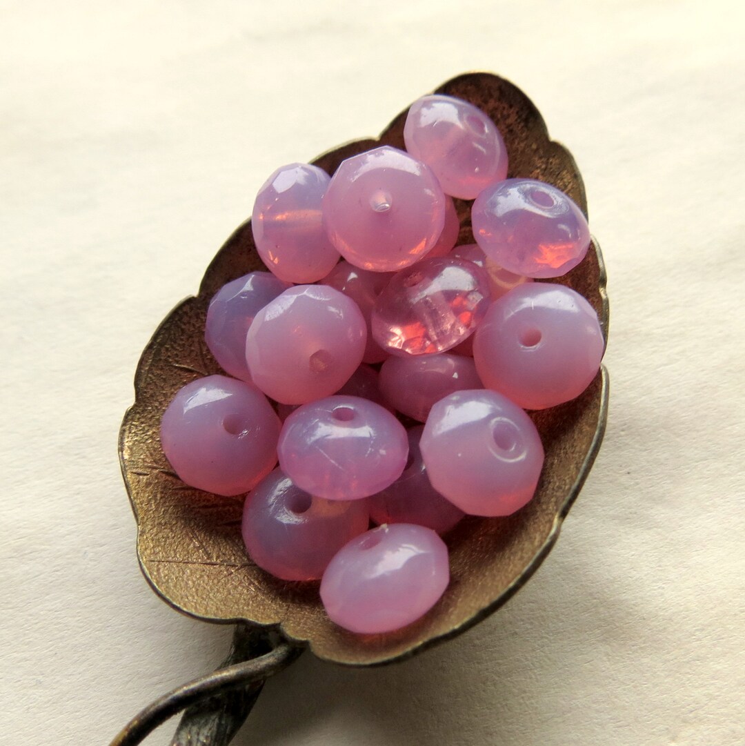 New ROSE OPAL RONDELLES . 15 Czech Fire Polished Glass Beads . 7 by 4 ...