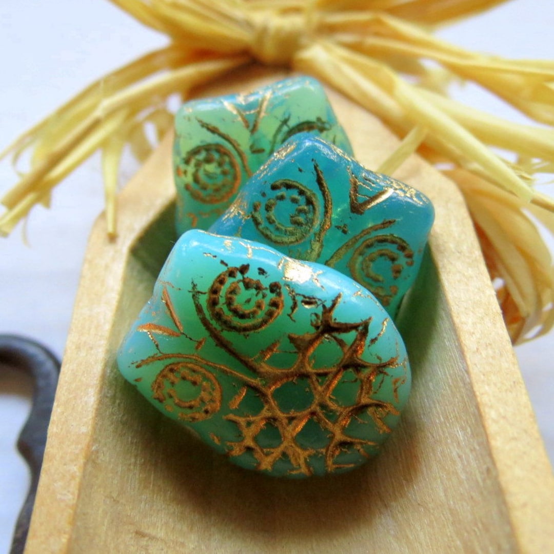 Last Ones GOLDEN AQUA WINGZ. 2 Czech Metallic Glass Beads . 18 Mm ...