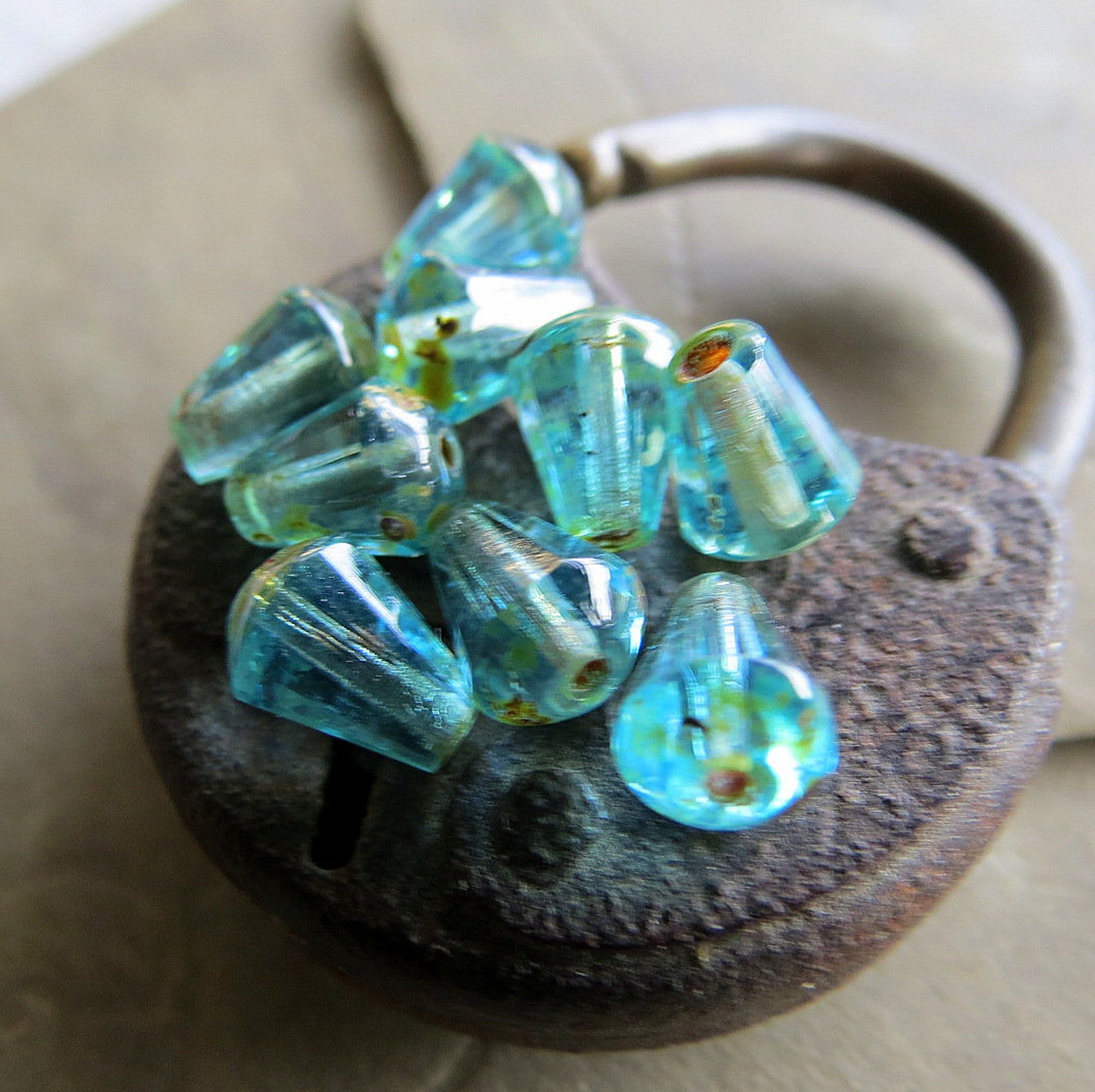 AQUA CONE BEADS . 10 Czech Picasso Glass Beads . 6 Mm by 8 Mm ...
