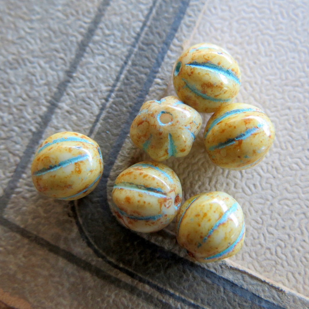 ANTIQUED IVORY MELONS . 10 Czech Picasso Glass Beads . 8 Mm . Supplies ...