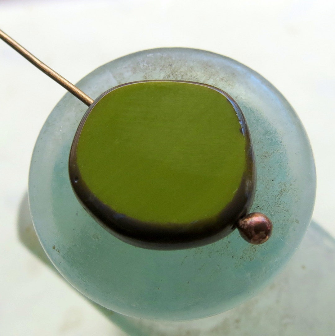 AVOCADO GREEN SLABS . 4 Czech Picasso Glass Coin Beads . 15 Mm Beads ...
